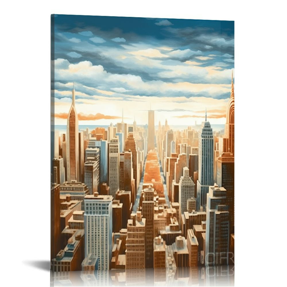 JEUXUS New York City Canvas Wall Art Abstract Blue Gold Cityscape ...