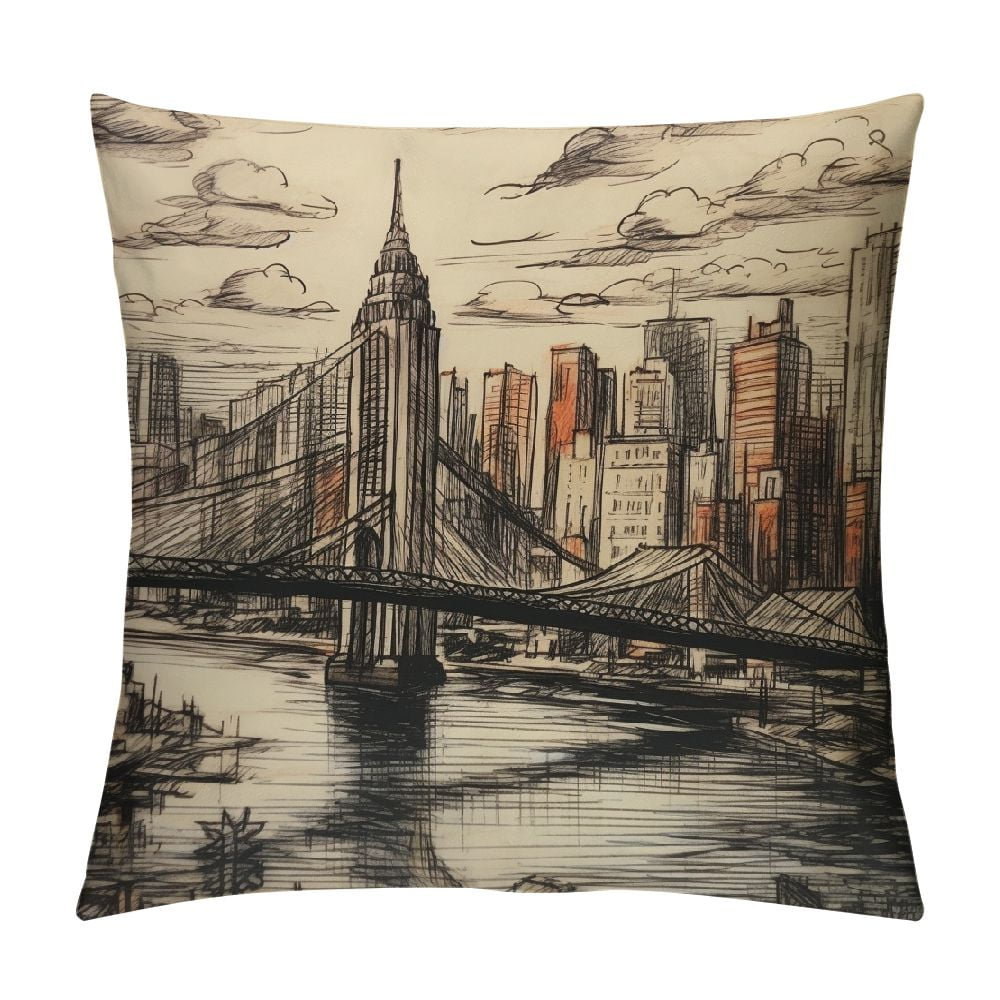 JEUXUS New York Throw Pillow Case Hand Drawn Metropolis Skyline ...