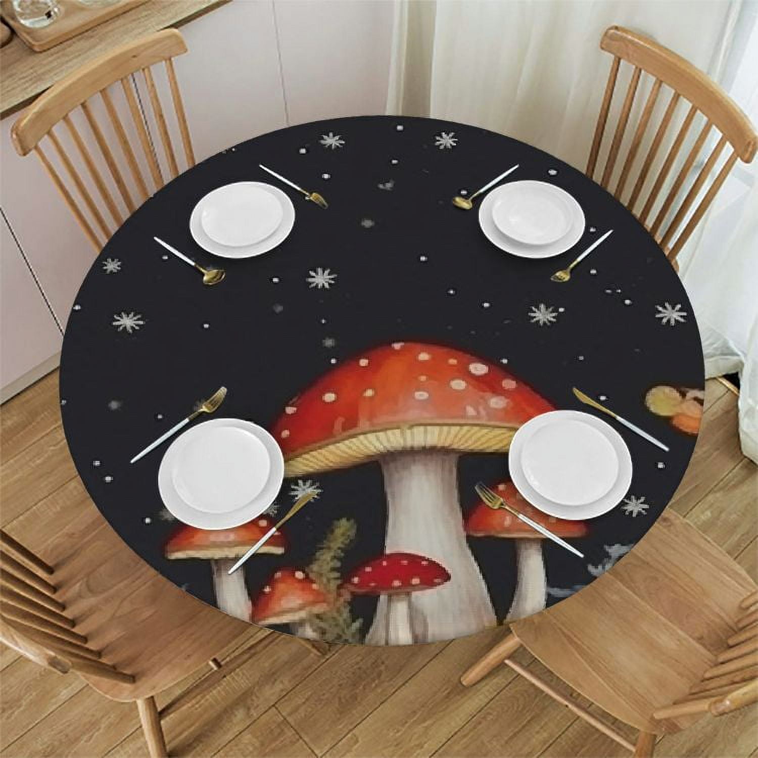 JEUXUS Night Moon and Red Mushroom Round Fitted Table Cover for Dining ...