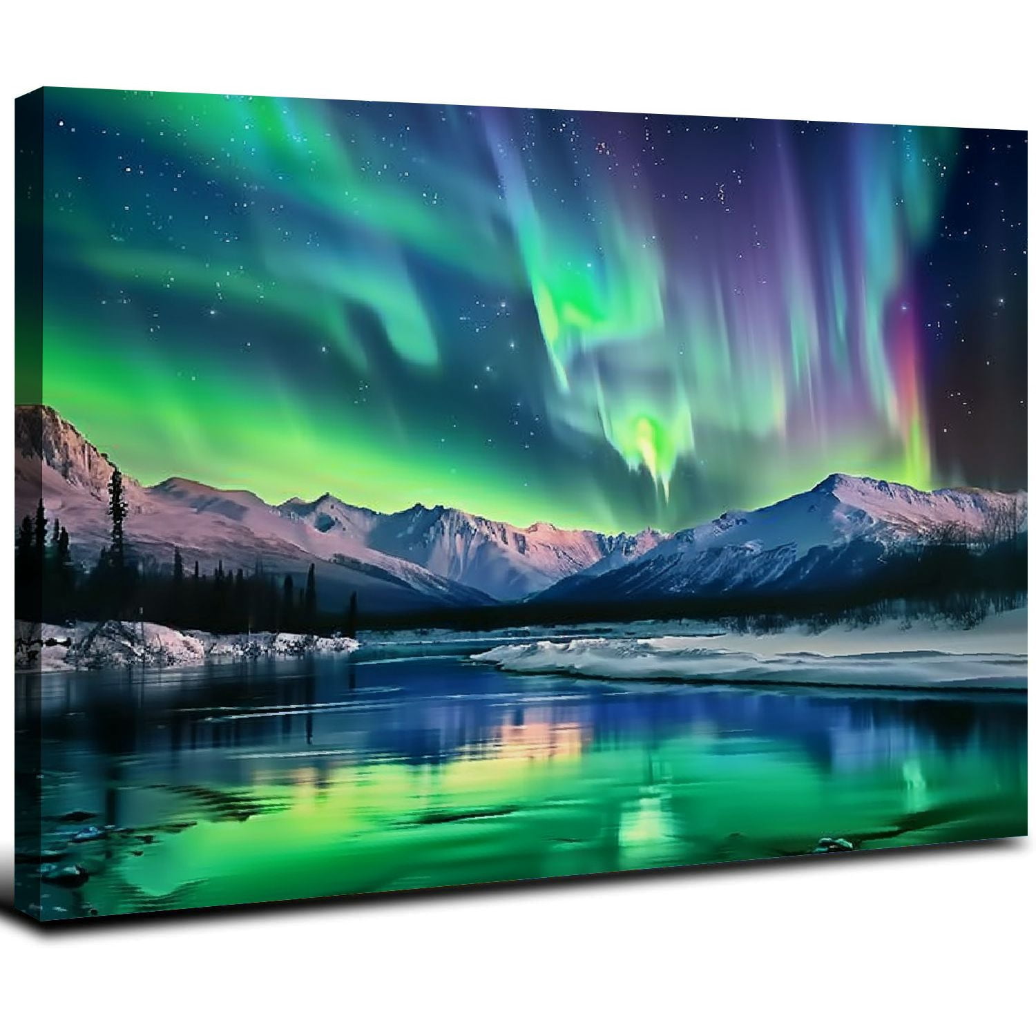JEUXUS Northern Lights Canvas Wall Art Aurora Borealis Snow Mountain ...