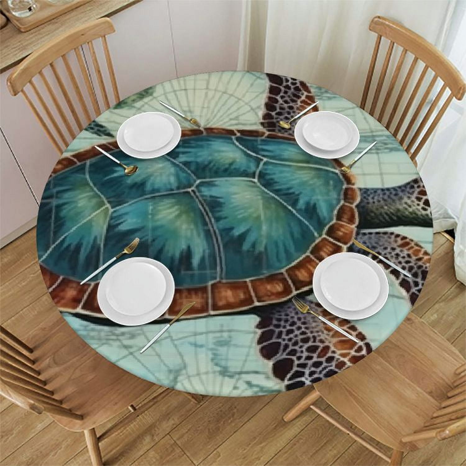 JEUXUS Ocean Turtle Fitted Tablecloth Round, Blue Green Ocean Animal ...