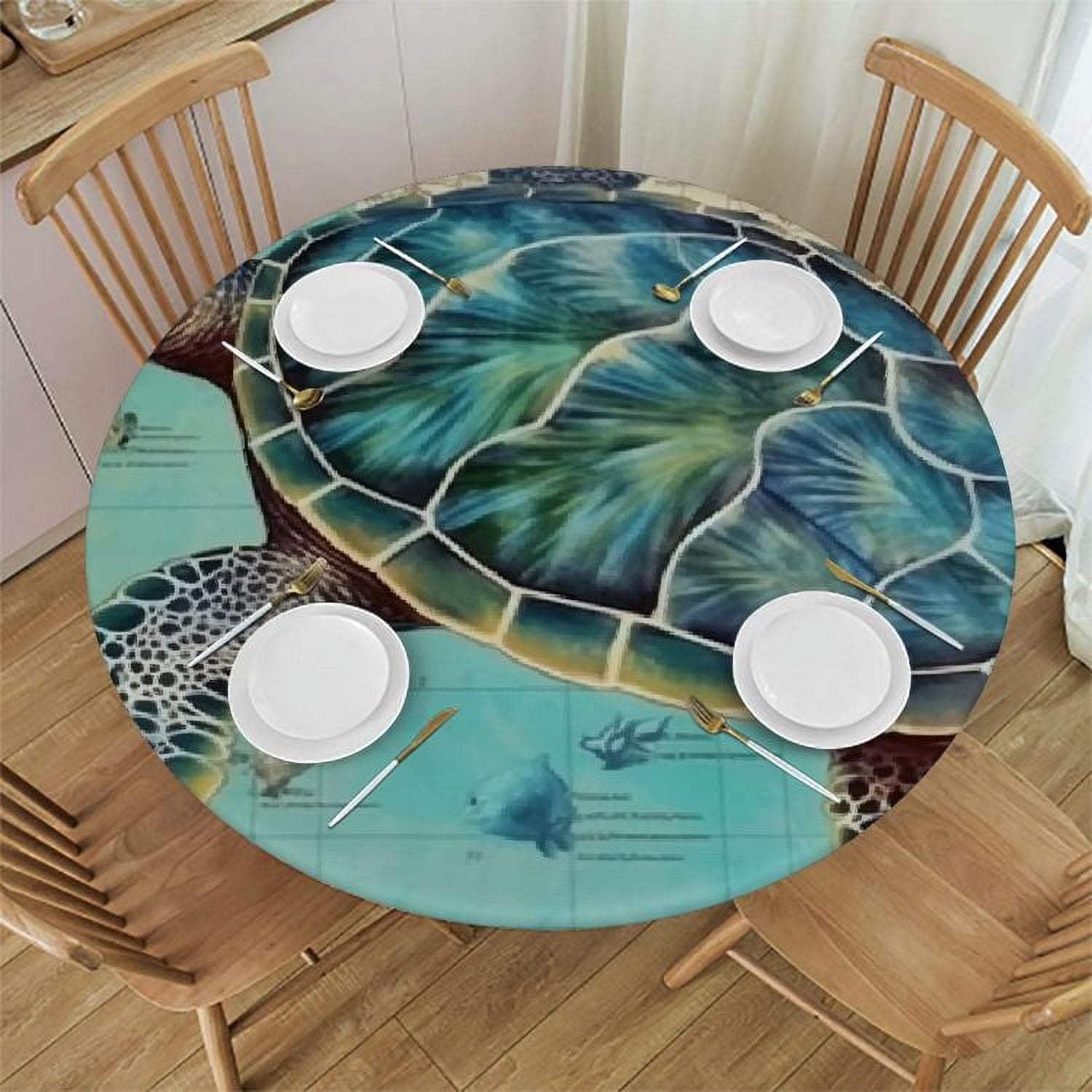 JEUXUS Ocean Turtle Fitted Tablecloth Round, Blue Green Animal Theme ...
