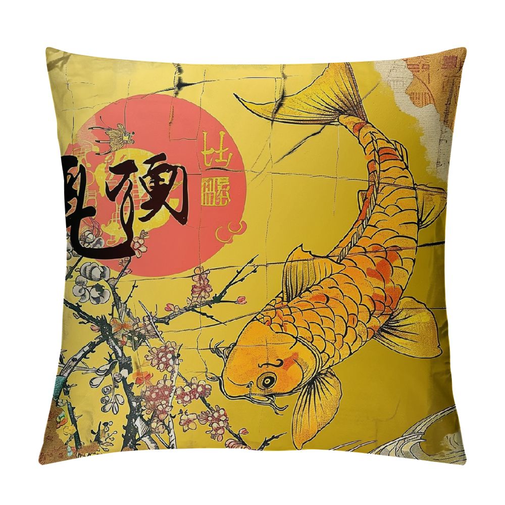 RUIYC Oriental Japanese Luck Energy Koi Fish Pink Sakura Cherry Blossom ...