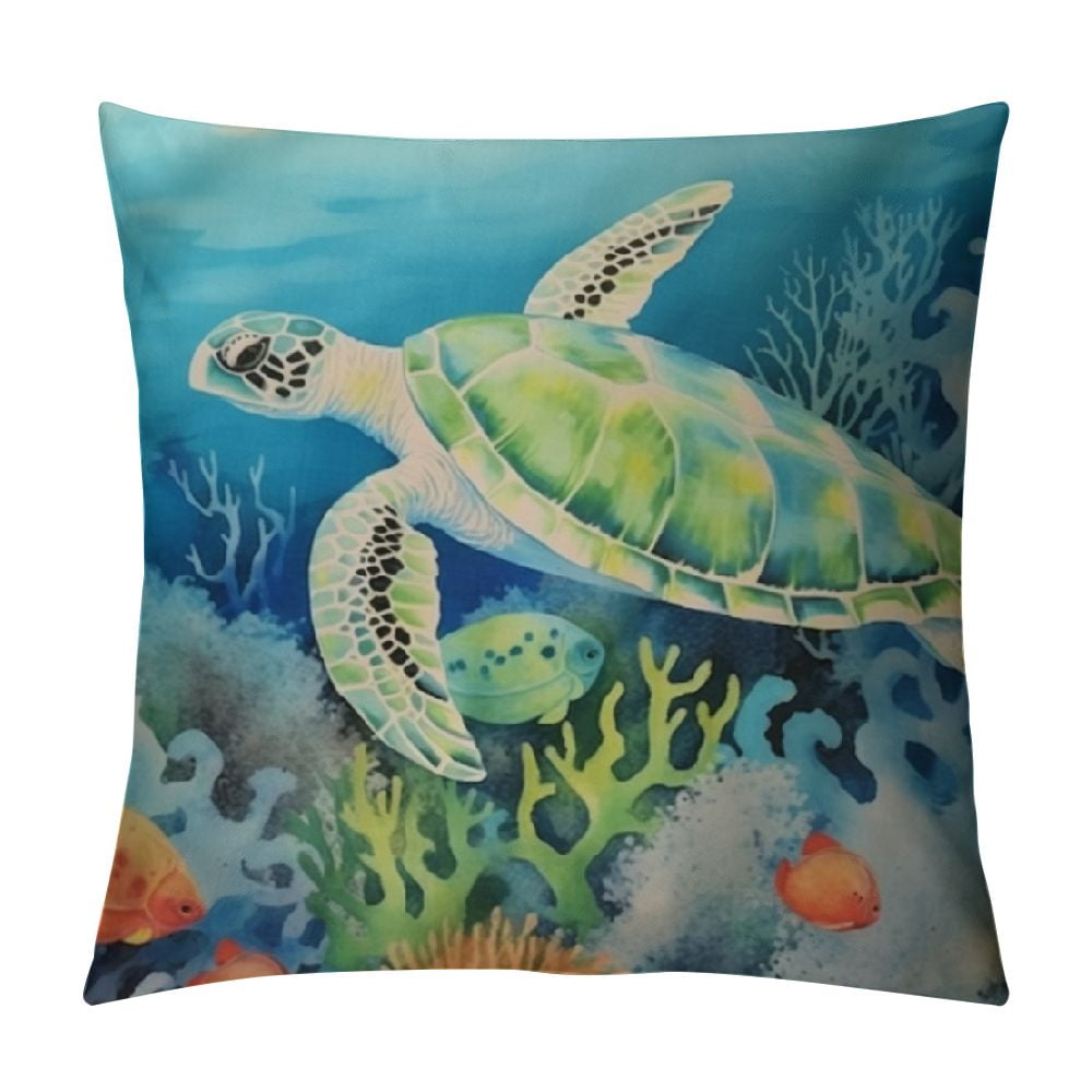 RUIYC Outdoor Beach Throw Pillow Covers Blue Sea Turtle Seahorse Decorative Coastal Ocean Theme ...