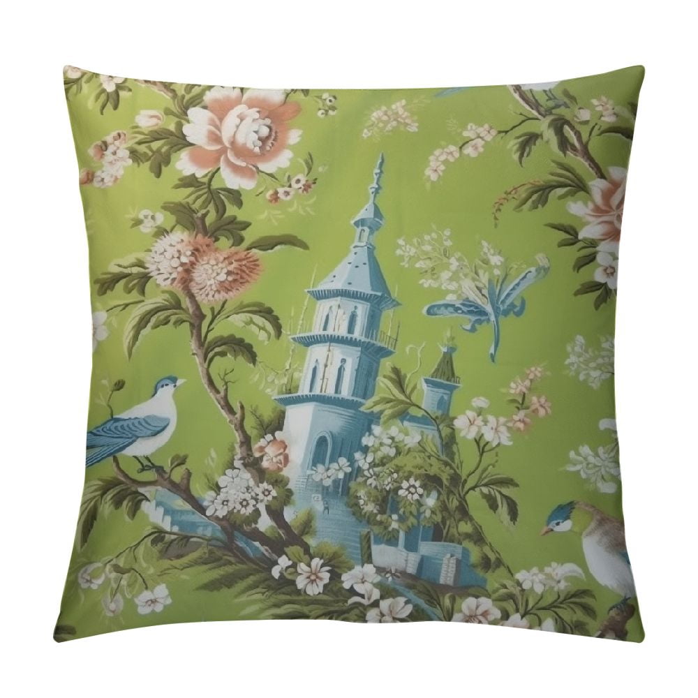 Jeuxus Pagoda Garden Imperial Cushion Cover Asian Green Chinoiserie