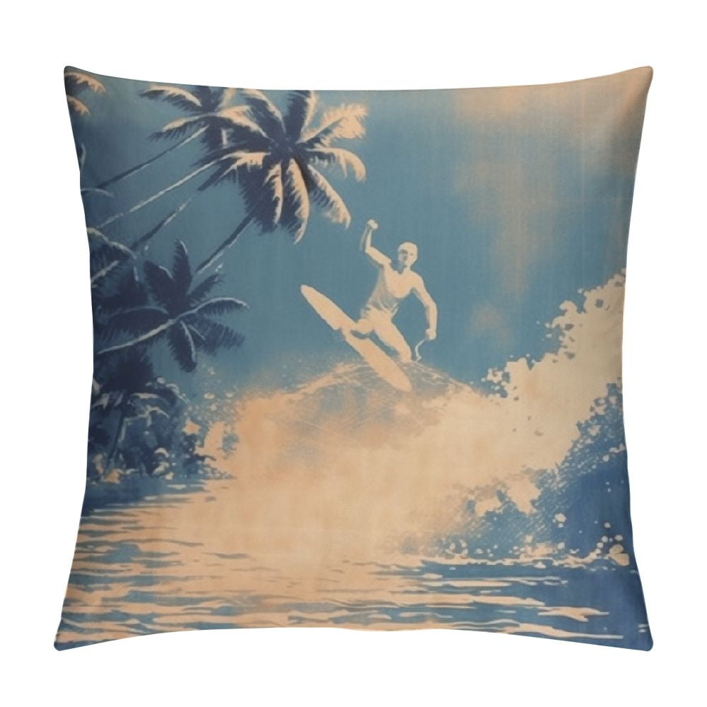 JEUXUS Palm Tree Decorative Throw Pillow Covers Sand Beach Surfing and ...