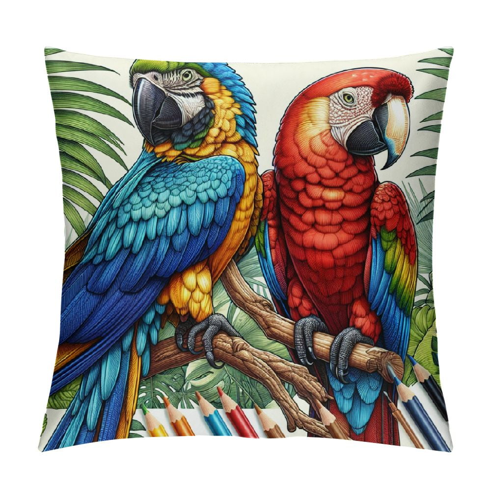 JEUXUS Parrot All Season Tropical Plant Birds Plush Pillow Case White ...