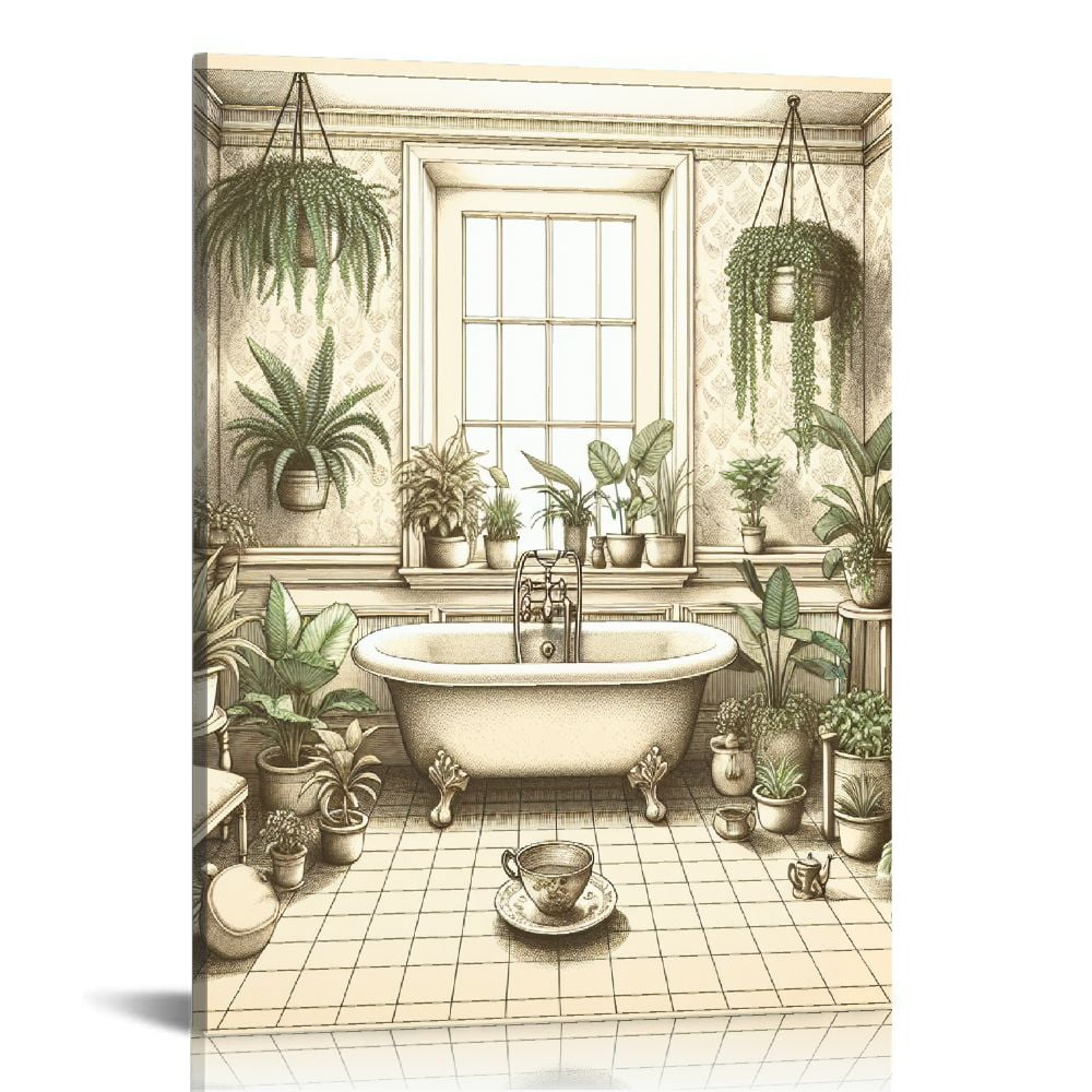 JEUXUS Peach Bathroom Oasis Scene with Fiddle Leaf Plants Canvas Wall ...