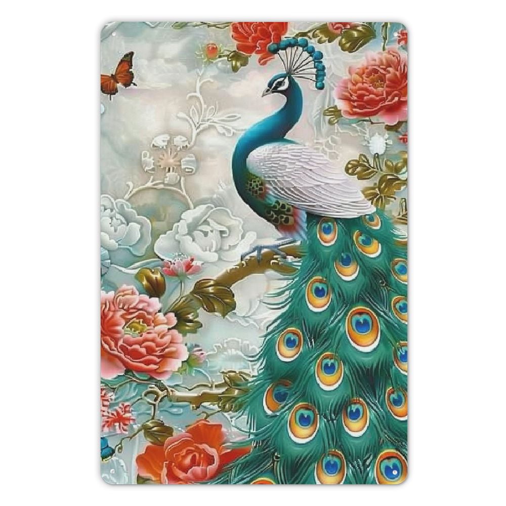 JEUXUS Peacock Flowers Butterflies Metal Art Hanging Sign 8x12in ...