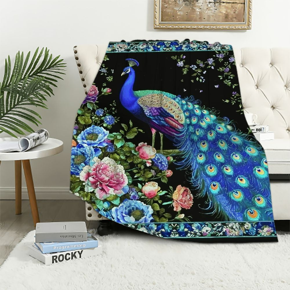 JEUXUS Peacock Throw Blanket Blue Peacock Flower Blanket Soft Cozy Warm ...
