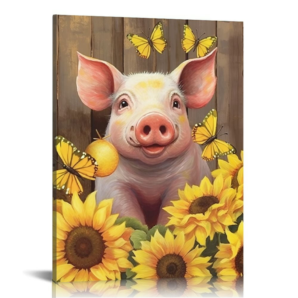 JEUXUS Pig Canvas Wall Art Cute Pig Play with Flyies Beside The Fence ...