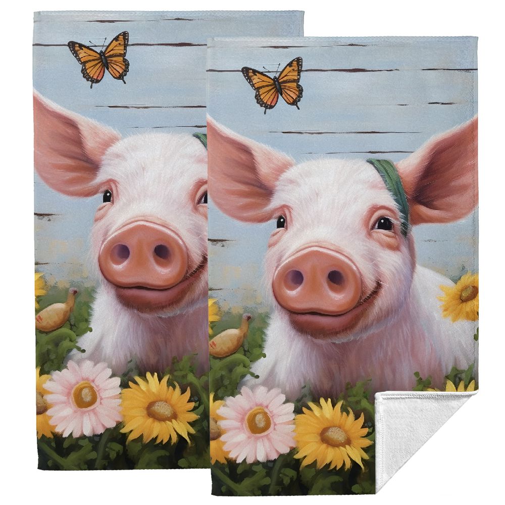 JEUXUS Pig Flower Crown Daisies Butterfly Towels Set of 2 Modern ...