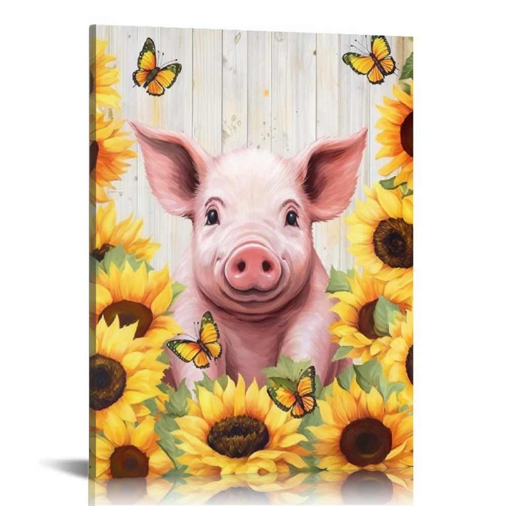 JEUXUS Pig Sunflower Wall Art, Cute Pig and Sunflowers with Butterfly ...