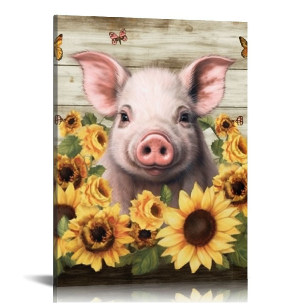 JEUXUS Pig Sunflower Wall Art, Cute Pig and Sunflowers with Butterfly ...