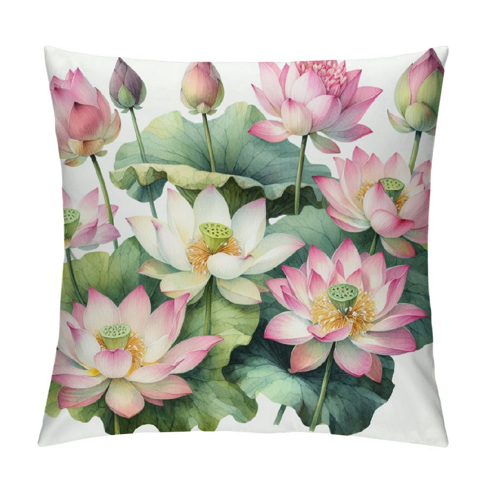JEUXUS Pillow Case Lotus Pink and Green Watercolor Flowers Short Plush ...