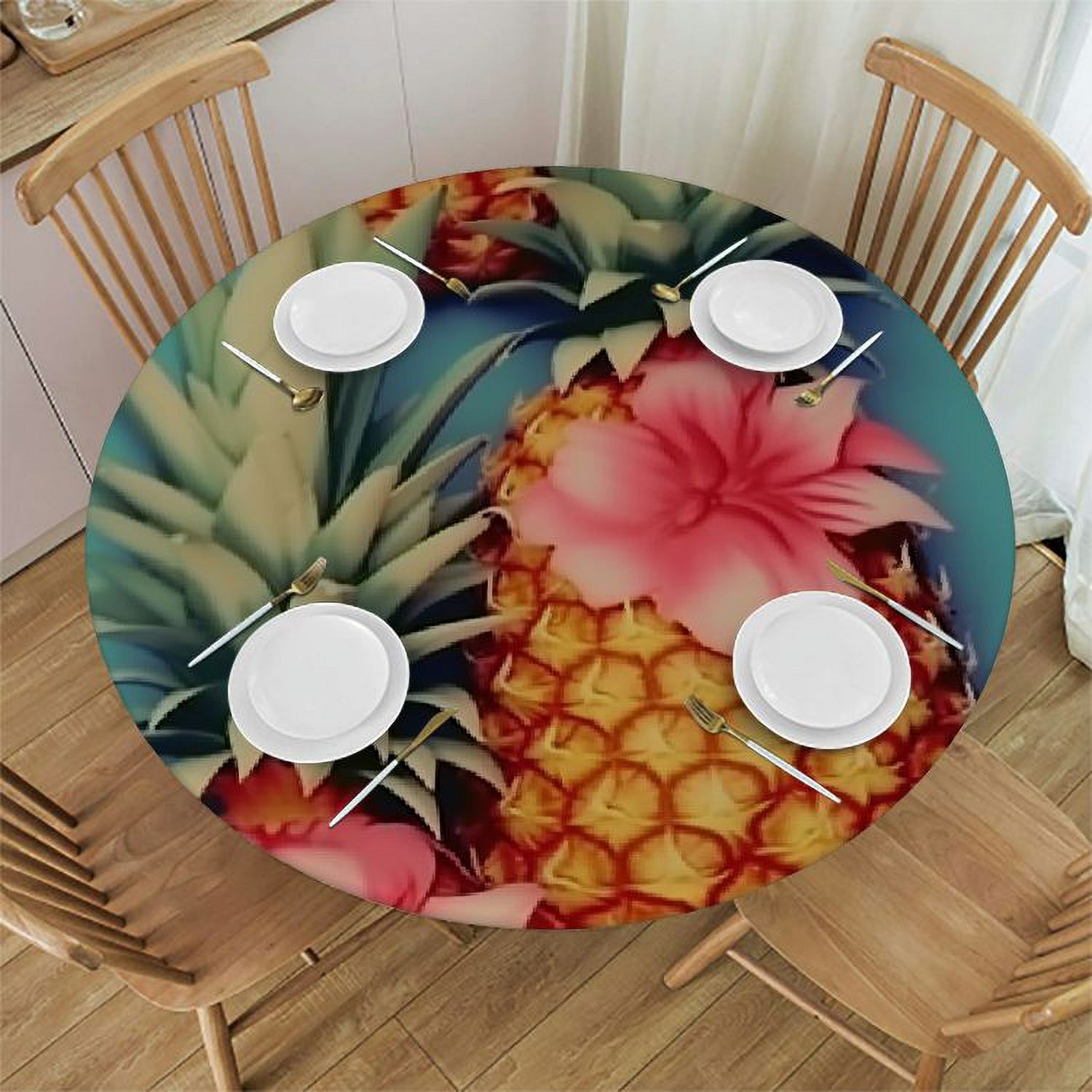 JEUXUS Pineapple Round Elastic Table Cover,Tropical Palm Leaves Flowers ...