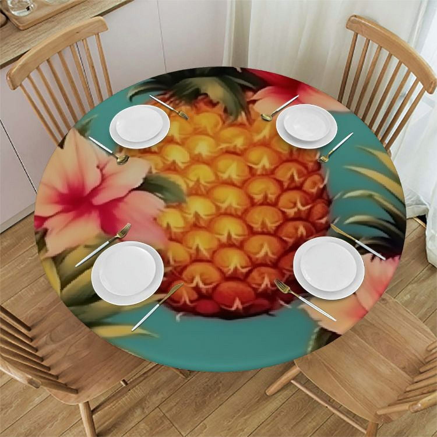 JEUXUS Pineapple Round Elastic Table Cover,Tropical Palm Leaves Flowers ...