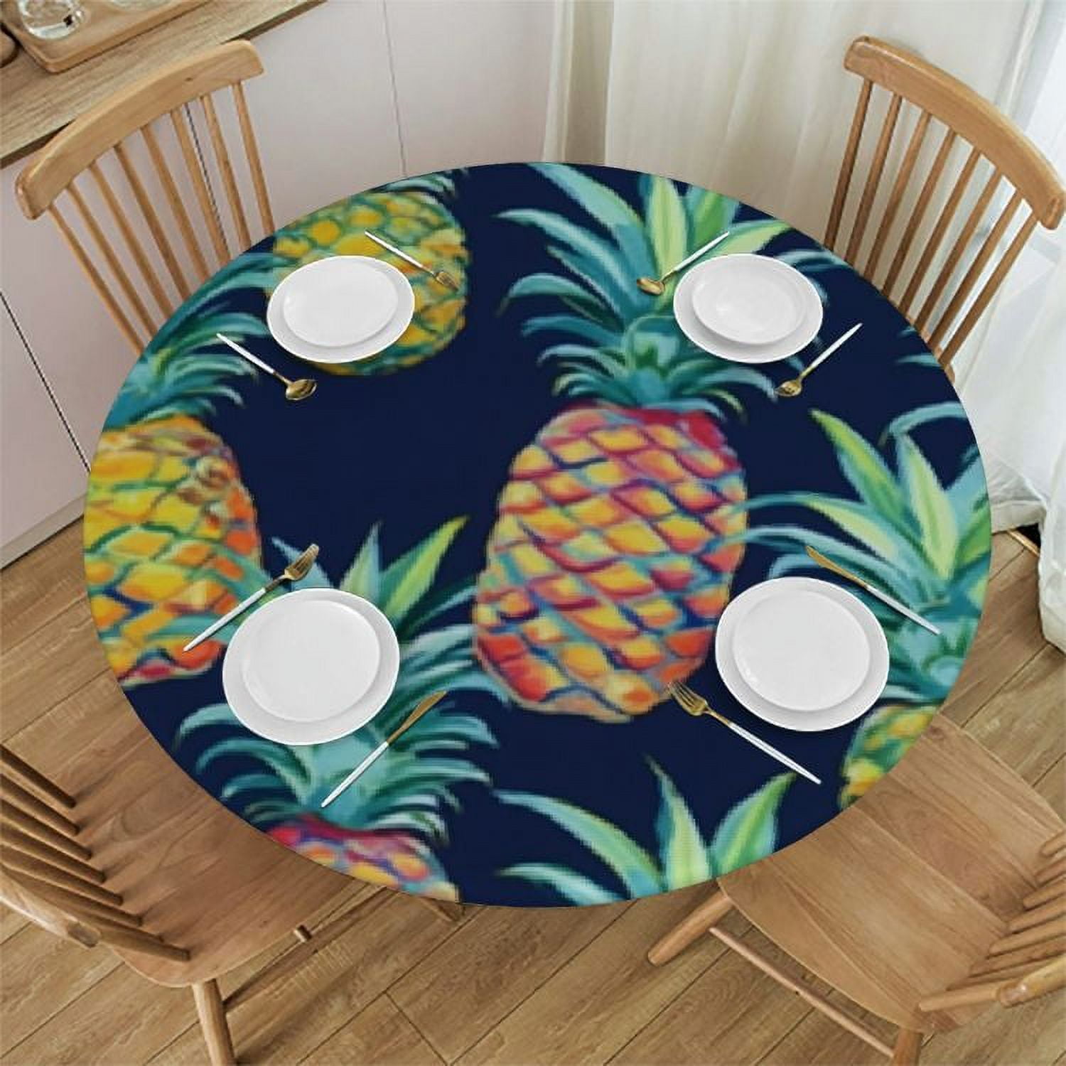 JEUXUS Pineapple Round Tablecloth with Elastic Edge Fitted Pineapple Table Cover Waterproof ...