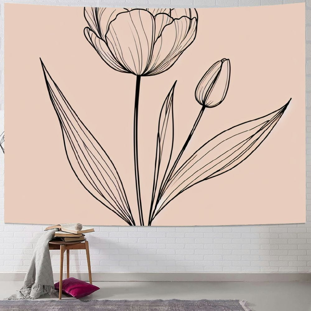 JEUXUS Pink Flower Line Art Floral Minimalist Botanical Tapestry Wall ...