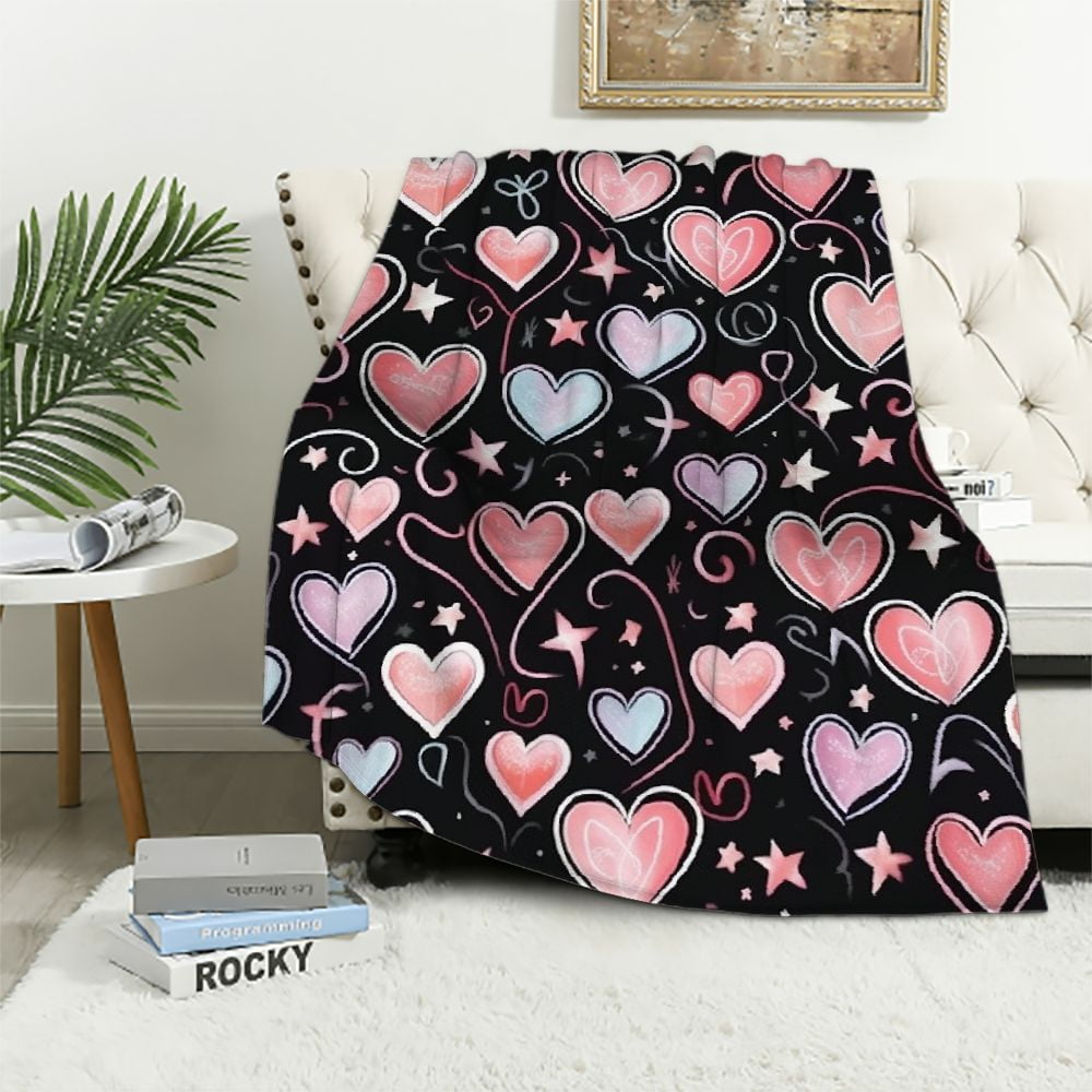 JEUXUS Pink Heart Blanket Love Theme Print Flannel Throw Blankets ...