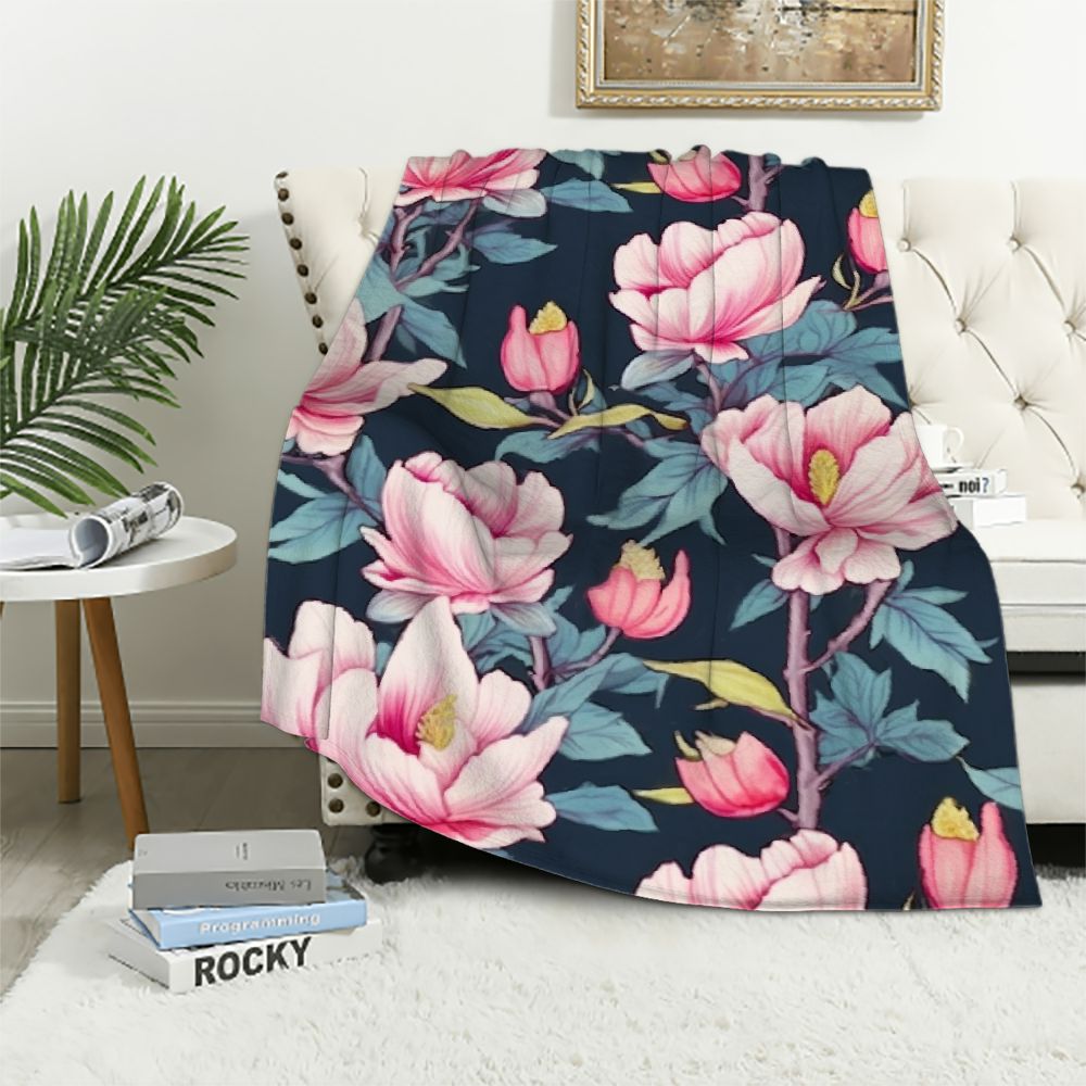 JEUXUS Pink Magnolia Flower Blanket for Couch Bed Throw Blanket ...