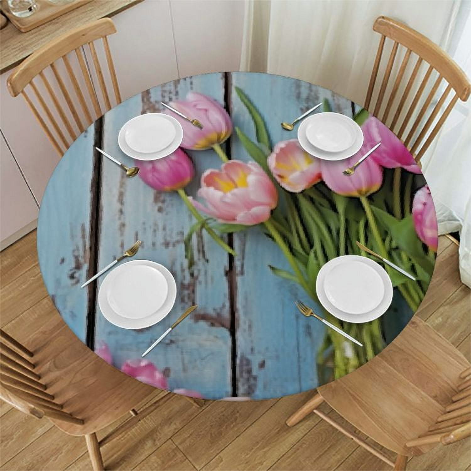 JEUXUS Pink Tulip Pattern Round Table Cover,Elastic Edge,Suitable for ...