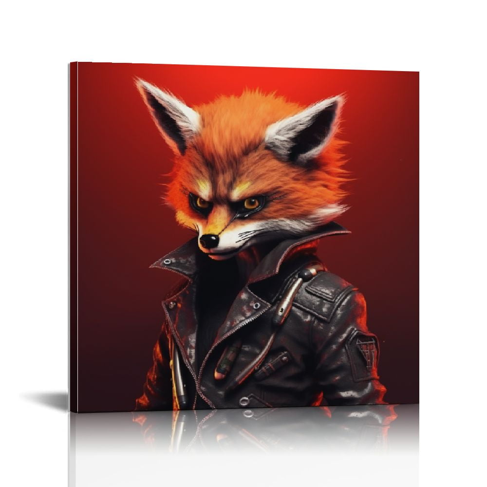 JEUXUS Punk Fox Canvas Wall Art Anime Fox Playing Rock Painting Dark ...