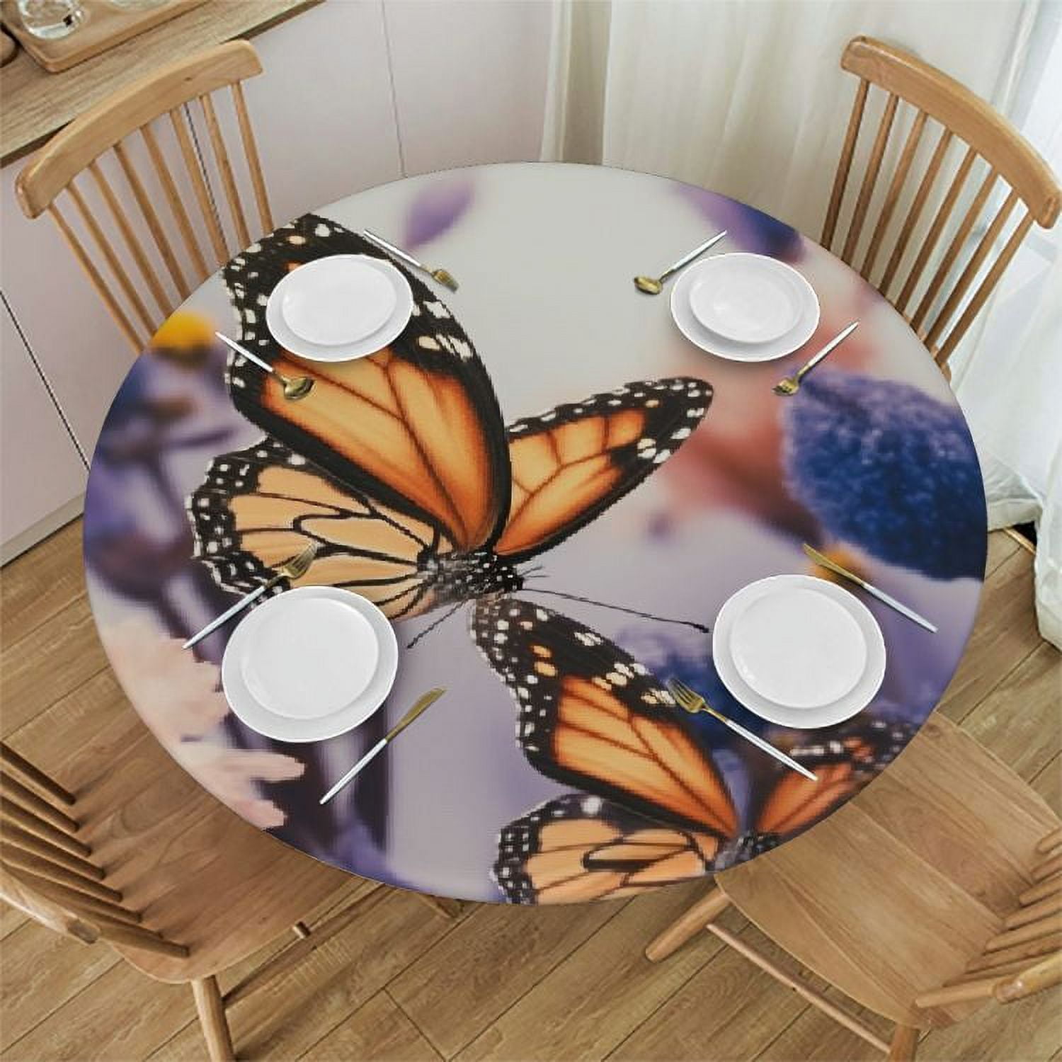 JEUXUS Purple Floral Butterfly Round Tablecloth with Elastic Edge ...