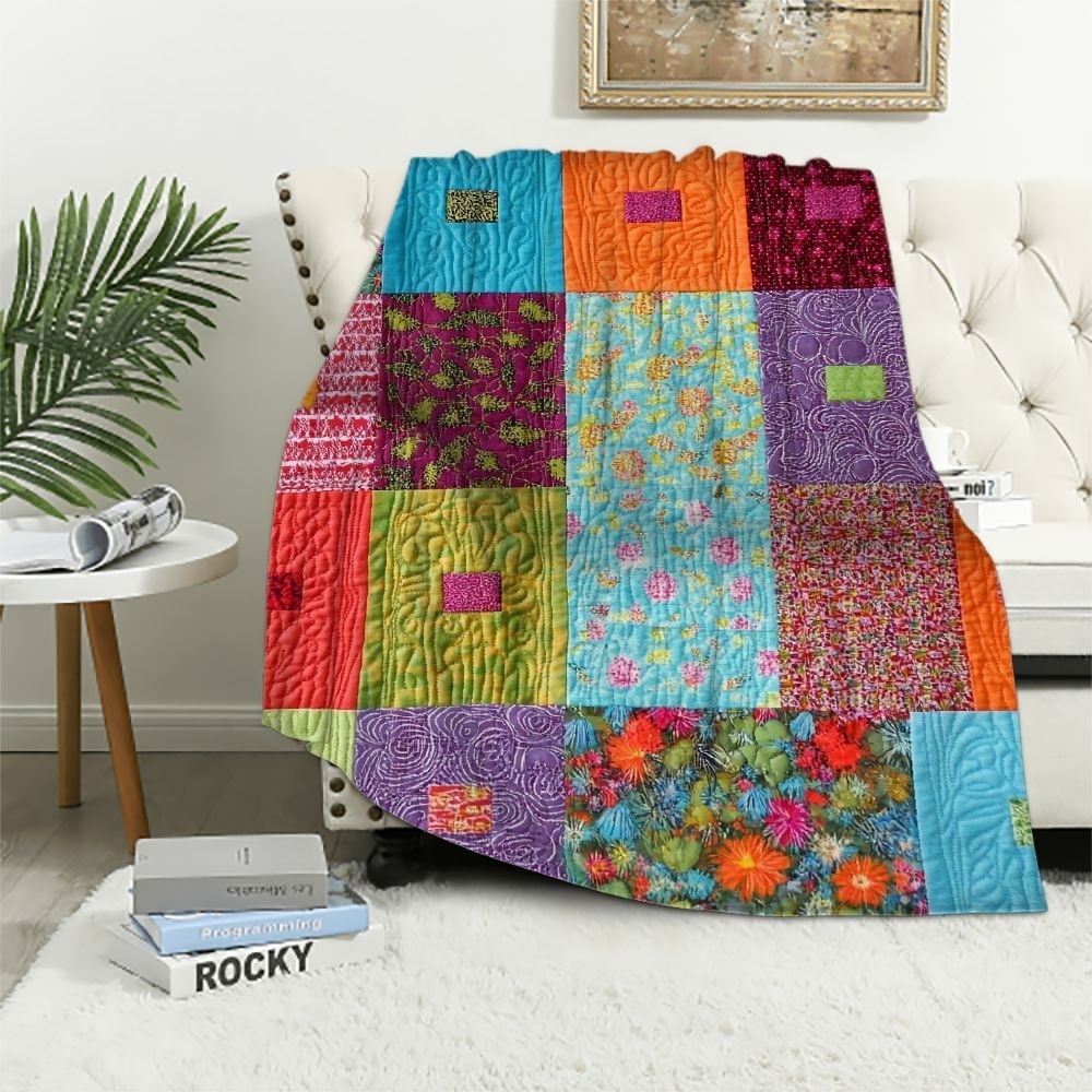 JEUXUS Quilted Throw Blanket, Summer Lightweight Throw Quilt with Colorful Patchwork Design for ...