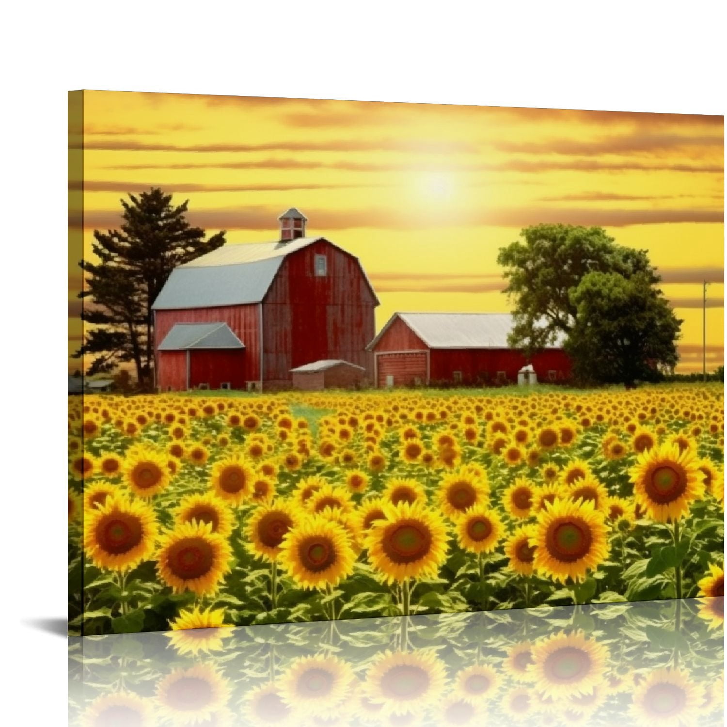 JEUXUS Red Barn Canvas Wall Art, flower Barn Fuji Mountain Farmhouse ...