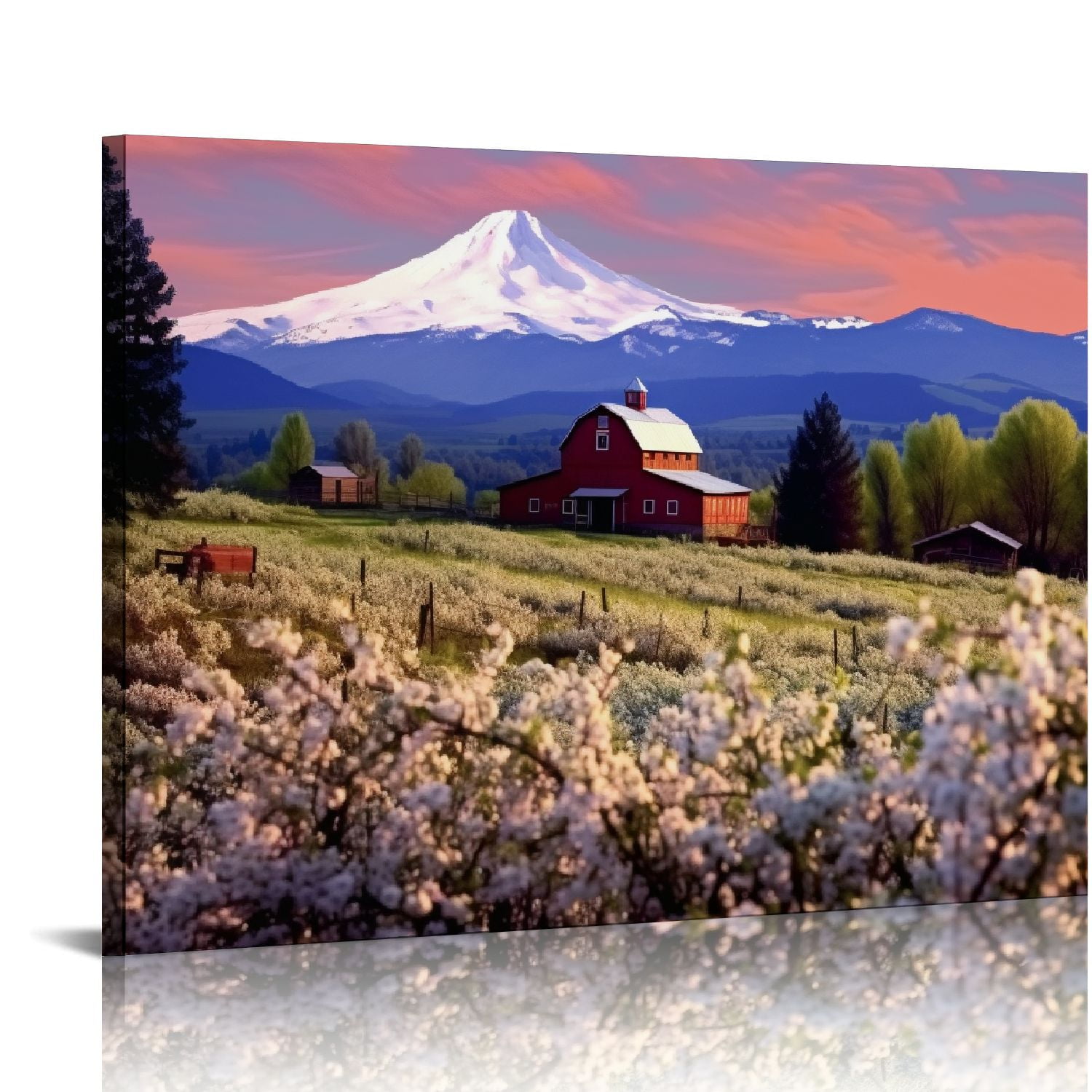 JEUXUS Red Barn Canvas Wall Art, flower Barn Fuji Mountain Farmhouse ...