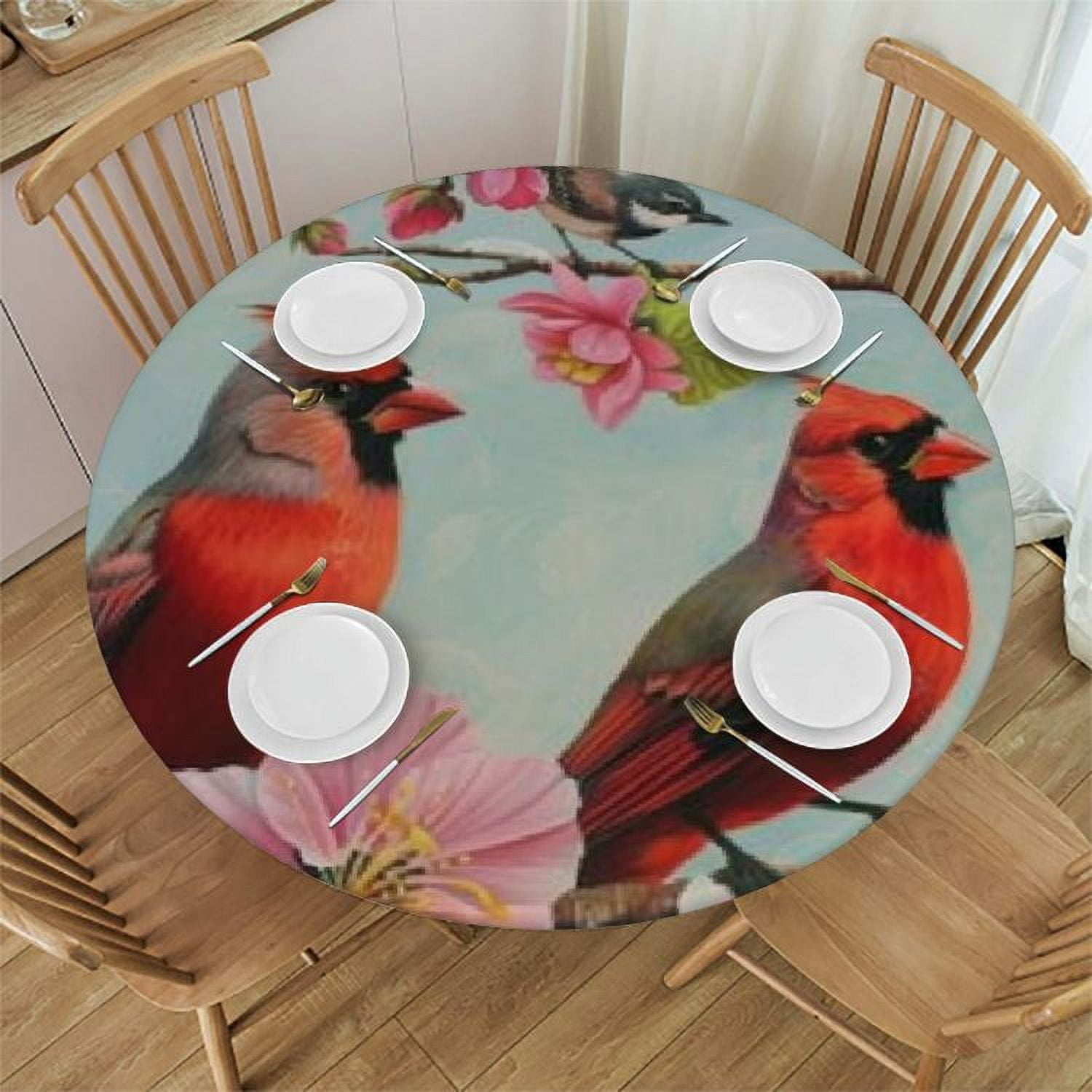 JEUXUS Red Cardinal Birds Pink Peach Flowers Round Tablecloth Spring ...
