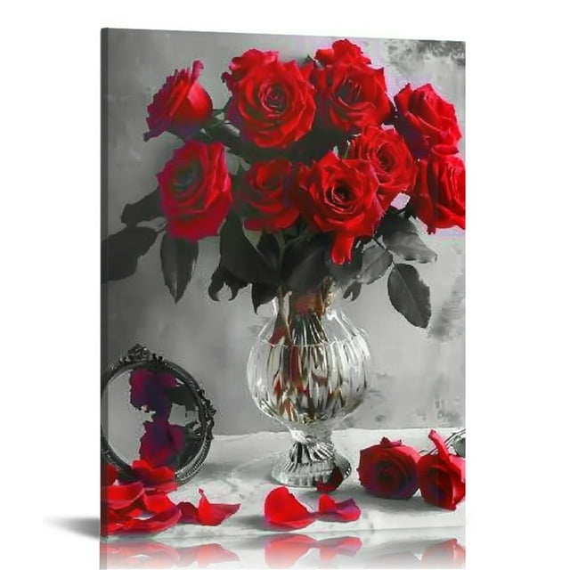 JEUXUS Red Rose Canvas Wall Art Flowers Pictures Bathroom Decor, Black ...