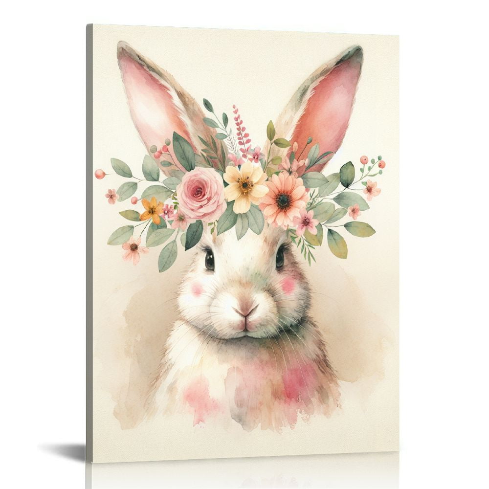 JEUXUS Retro Bunny Rabbit Canvas Wall Art Country Animal Painting Cute ...