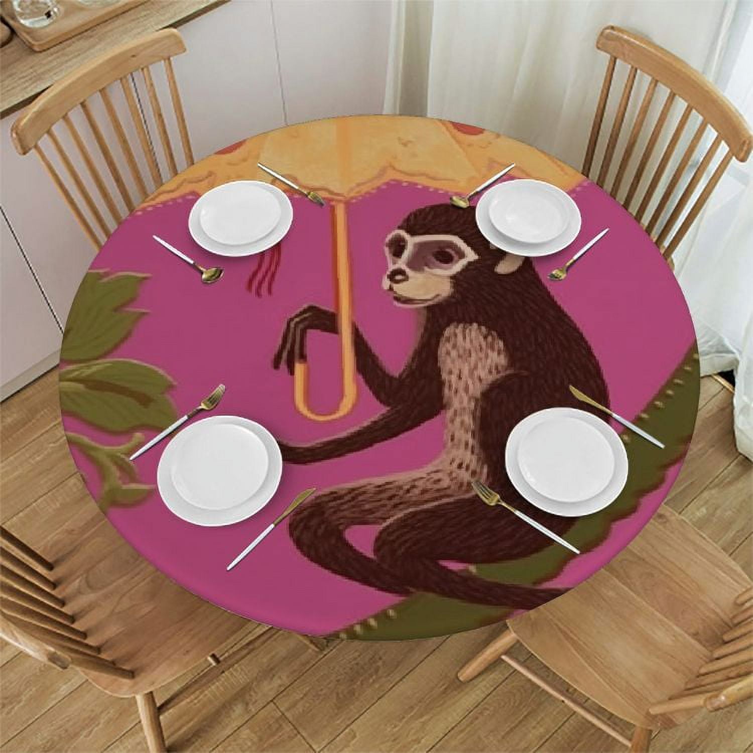 JEUXUS Retro Chinoiserie Monkey Flower Round Tablecloth with Elastic ...