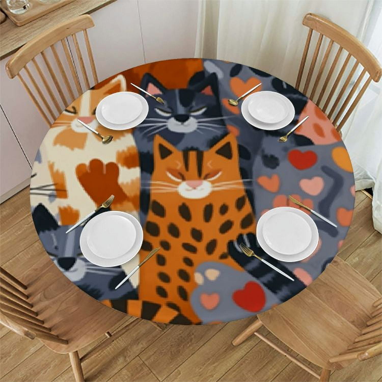 JEUXUS Retro Cute Cat Paws Fitted Round Tablecloth Waterproof Table ...