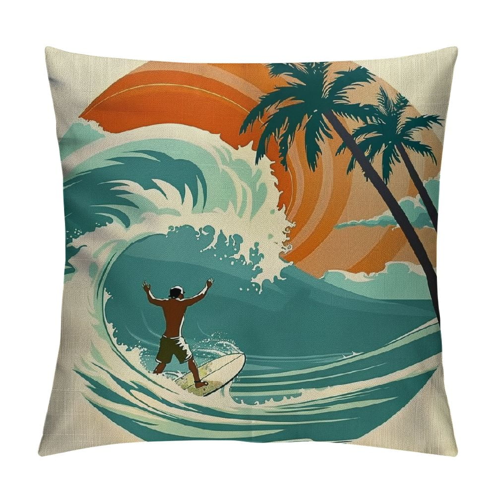 JEUXUS Ride The Wave Throw Pillow Cushion Cover, Retro Man Surfing at ...