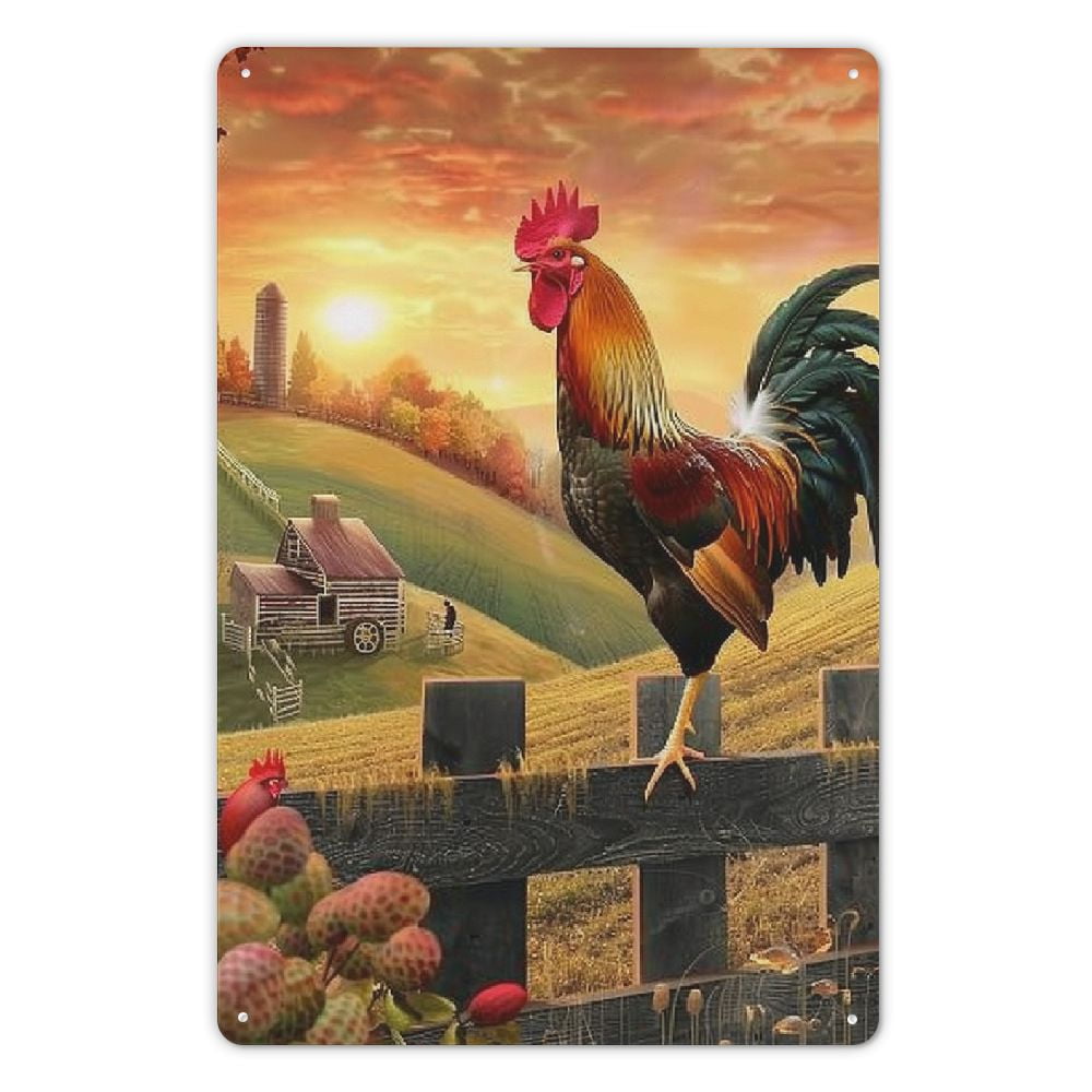 JEUXUS Rooster Farm Scene Sunrise Metal Art Hanging Sign 8*12in 8x12in ...