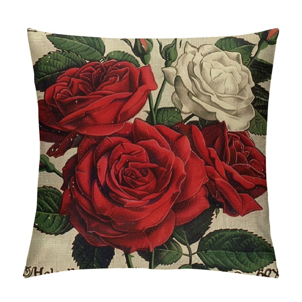 JEUXUS Rose Throw Pillow Cover, Blooming Red Rose with Flowers &Green ...