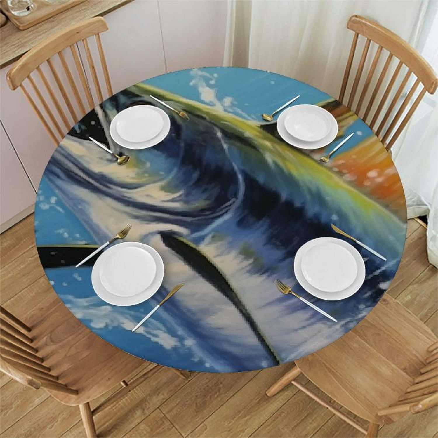 JEUXUS Round Fitted Table cover with Elastic Edged, Blue Marlin Ocean ...