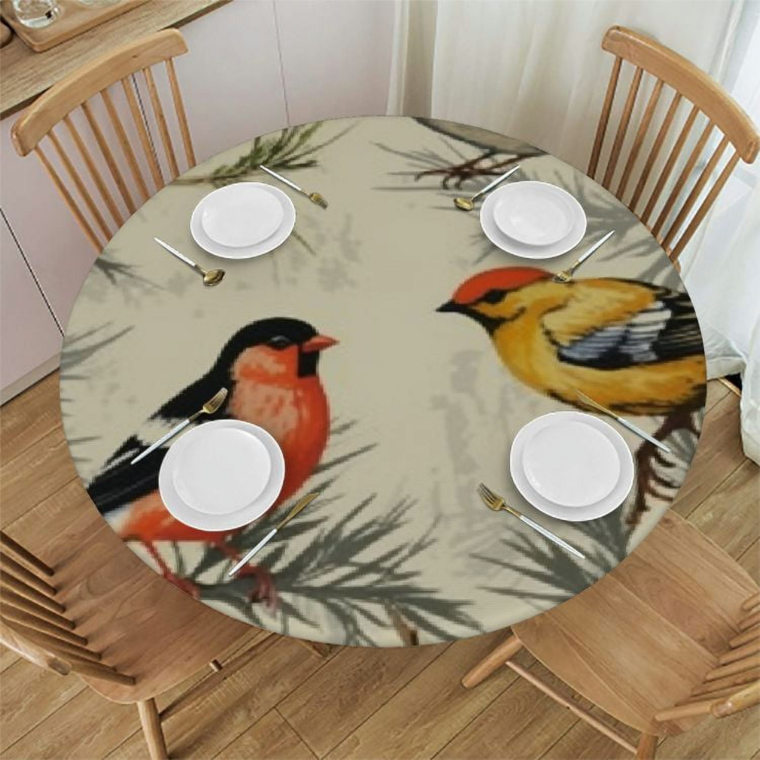 JEUXUS Round Fitted Tablecloth Cute Bird Tree Table Cover with Elastic ...