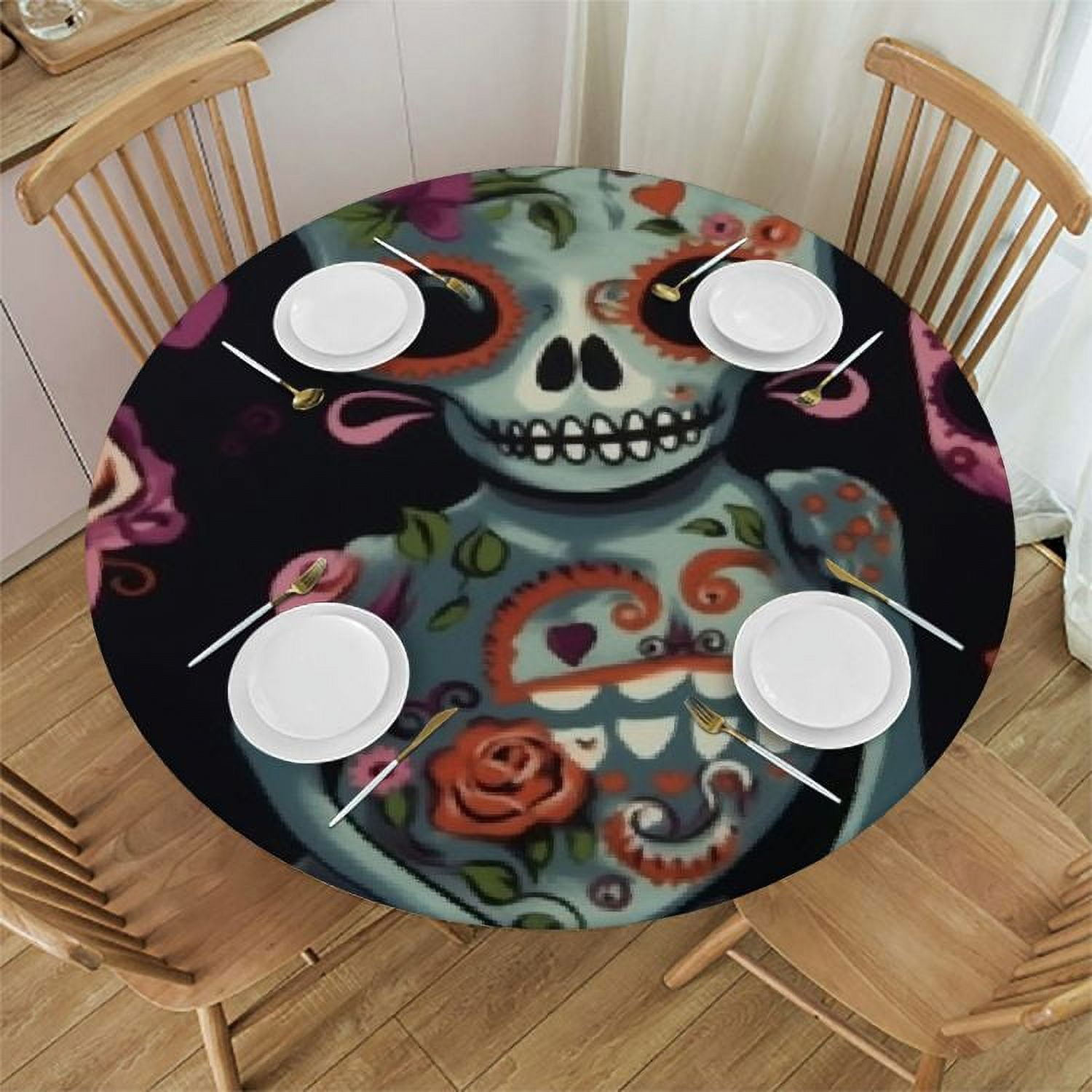 JEUXUS Round Fitted Tablecloth Day of Dead Sugar Skull Cats Round Table ...