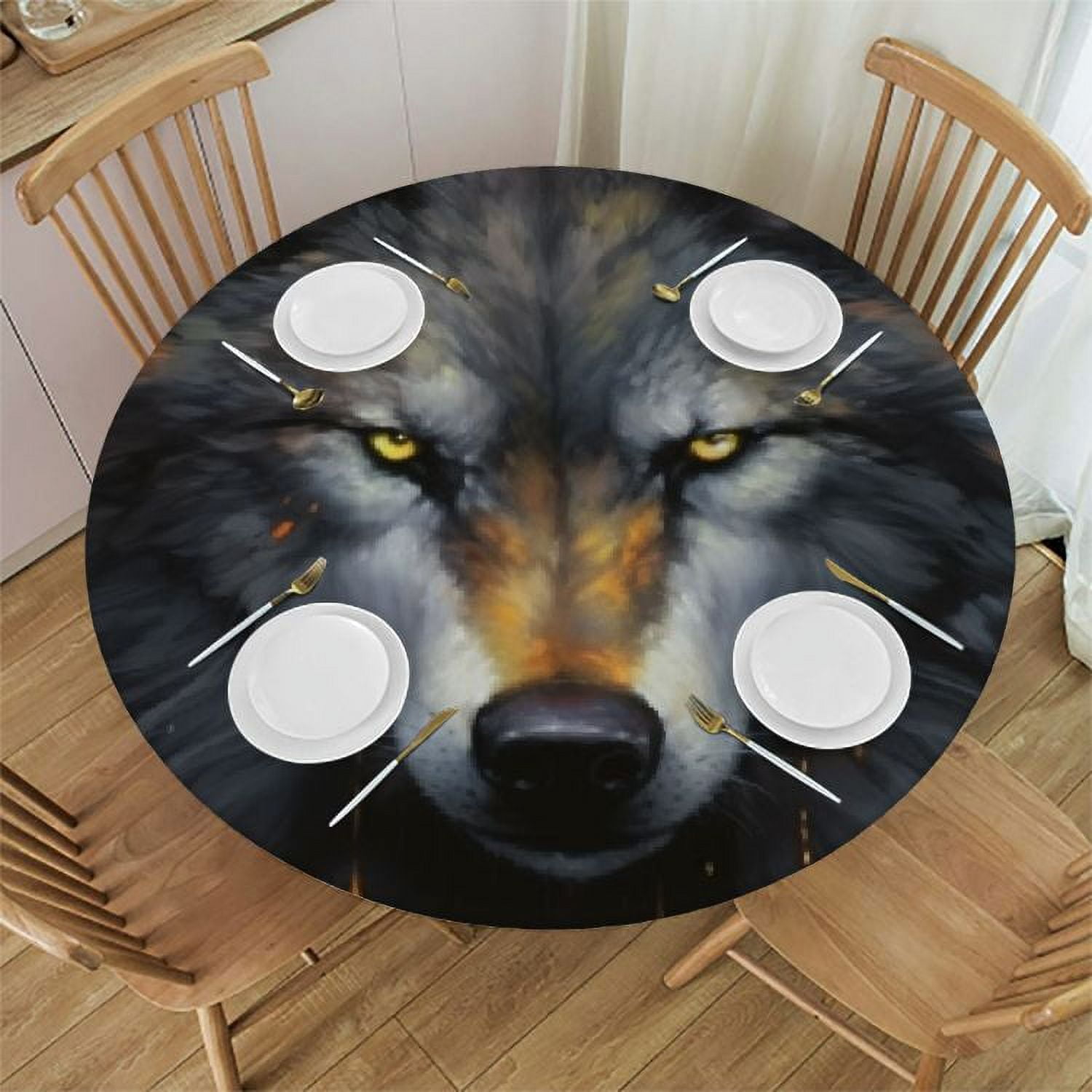 JEUXUS Round Fitted Tablecloth with Elastic Edge, Flame Explode Wolf ...