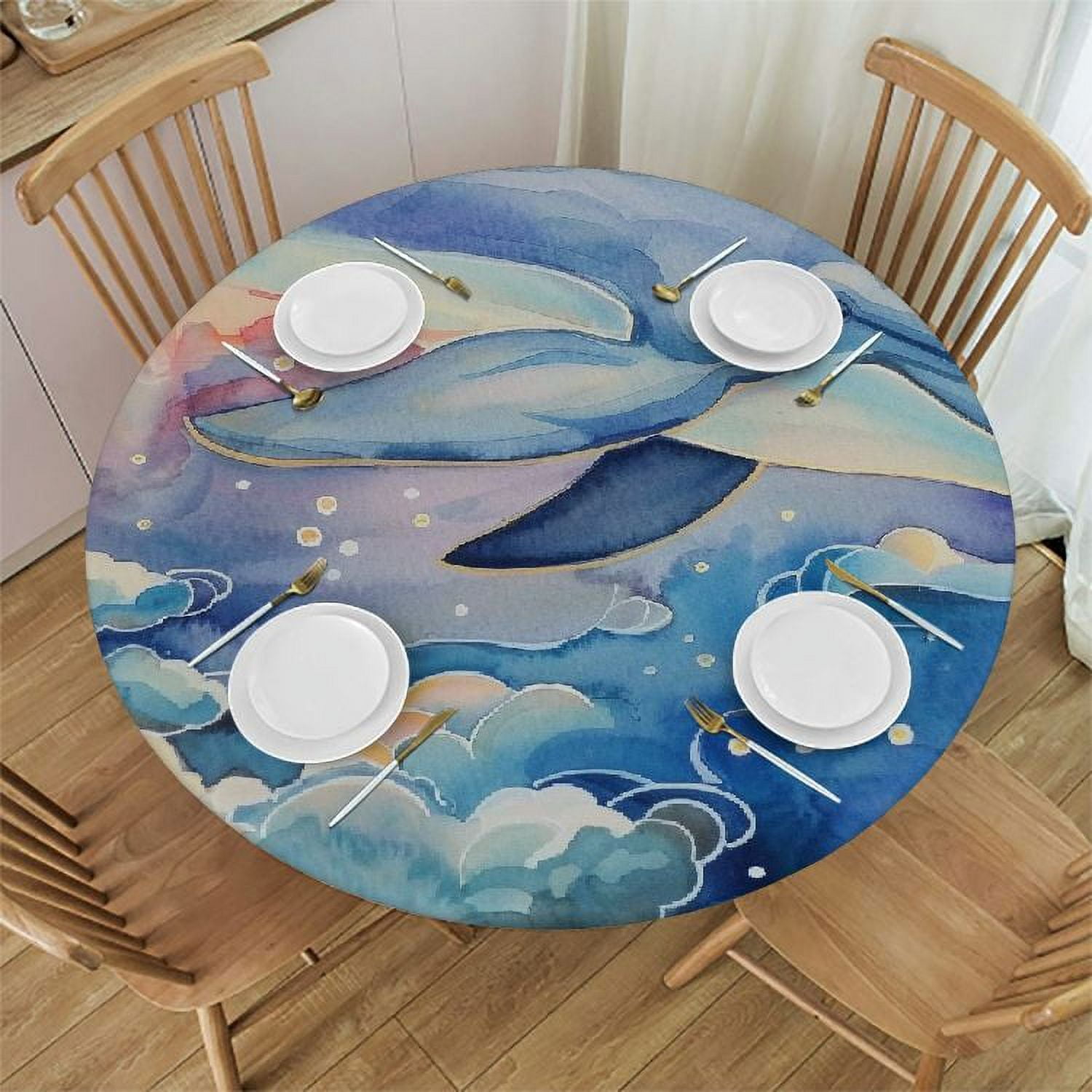 JEUXUS Round Fitted Tablecloth with Elastic Edge, Ocean Dolphin Pattern ...