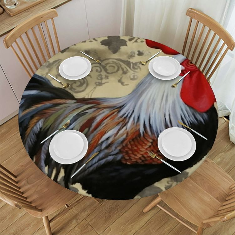 JEUXUS Round Fitted Tablecloth with Elastic Edge Vintage Check Rooster ...