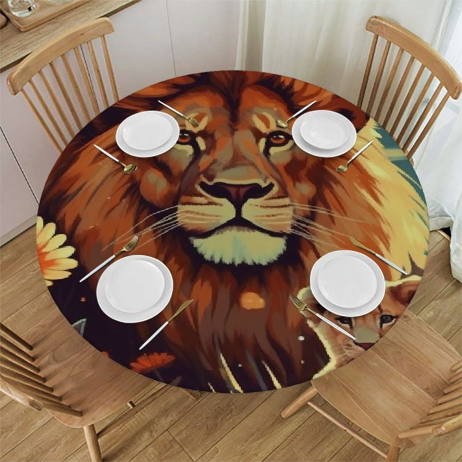 JEUXUS Round Fitted Tablecloth with Elastic Edged, Jungle Lion Round ...