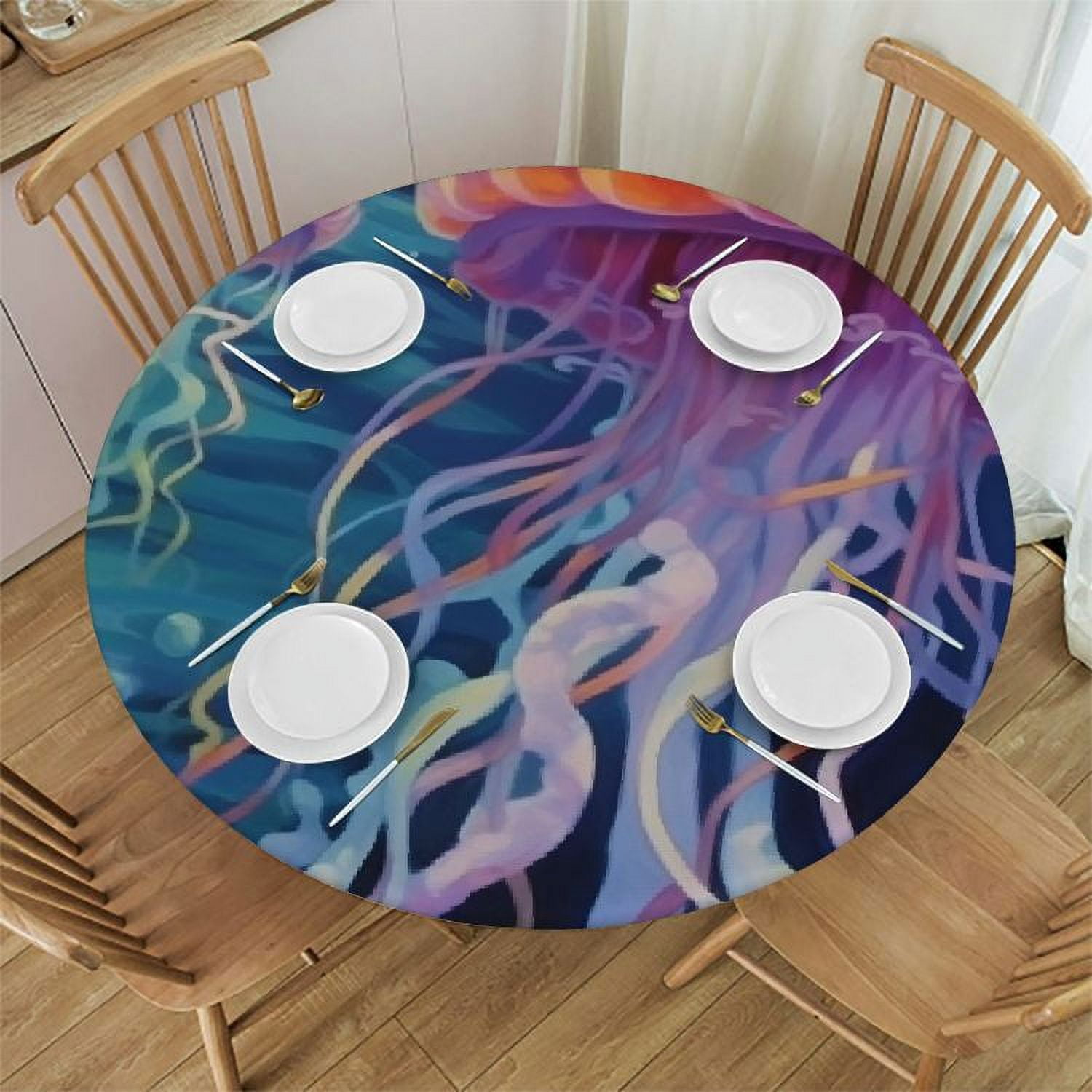 JEUXUS Round Fitted Tablecloth with Elastic Edged, Magical Jellyfish ...