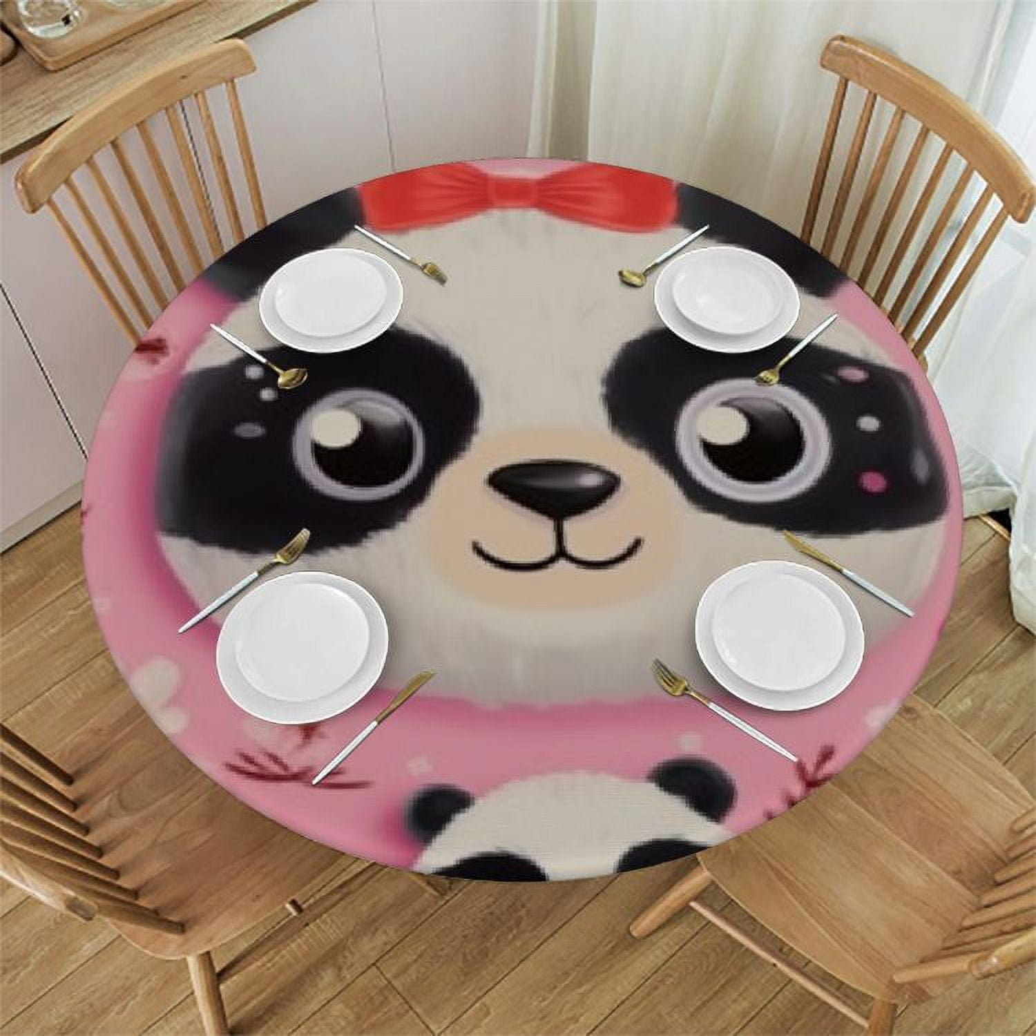 JEUXUS Round Fitted Tablecloth with Elastic Edged, Pink Flower Panda ...