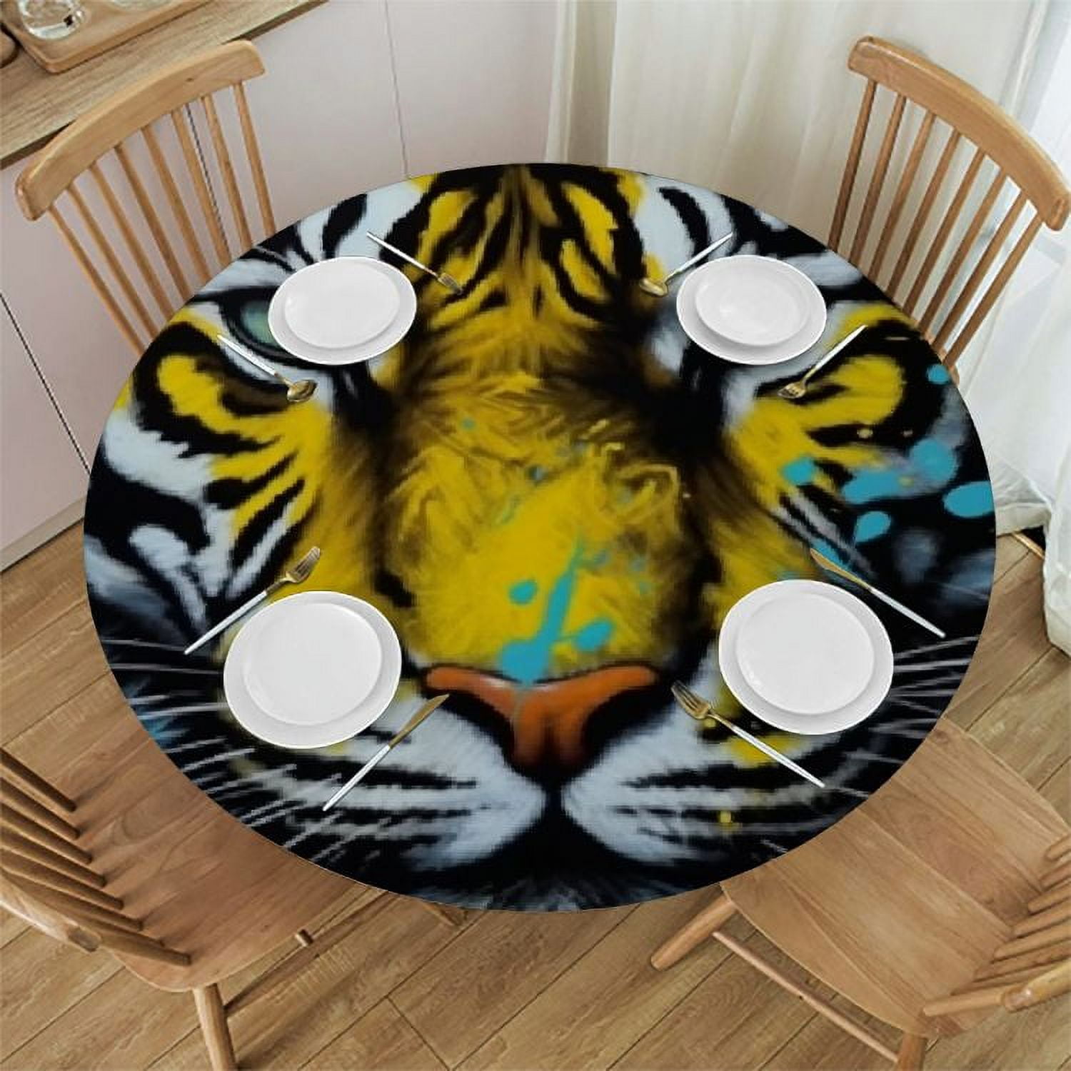 JEUXUS Round Fitted Tablecloth with Elastic Edged, Tiger Round Table ...