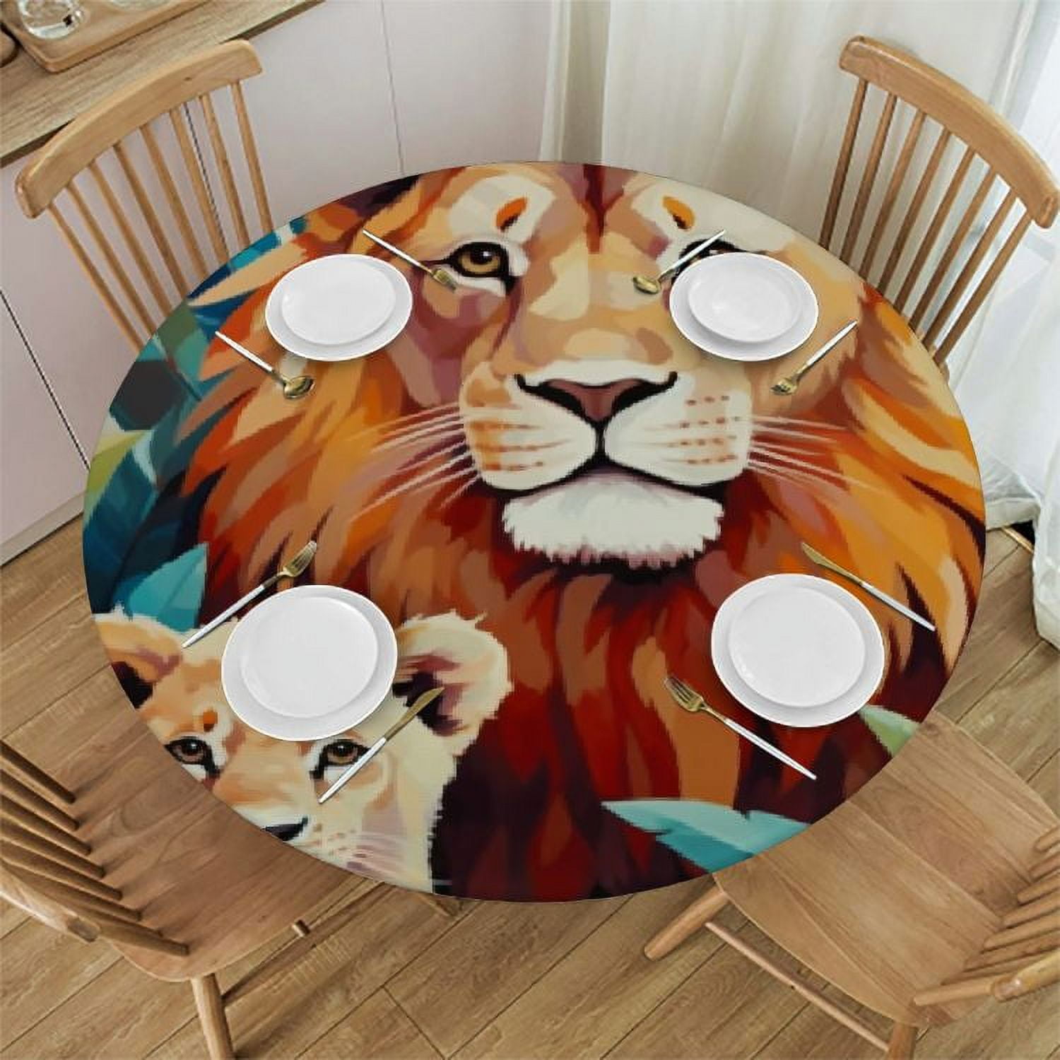 JEUXUS Round Fitted Tablecloth with Elastic Edged, Watercolor Lion ...